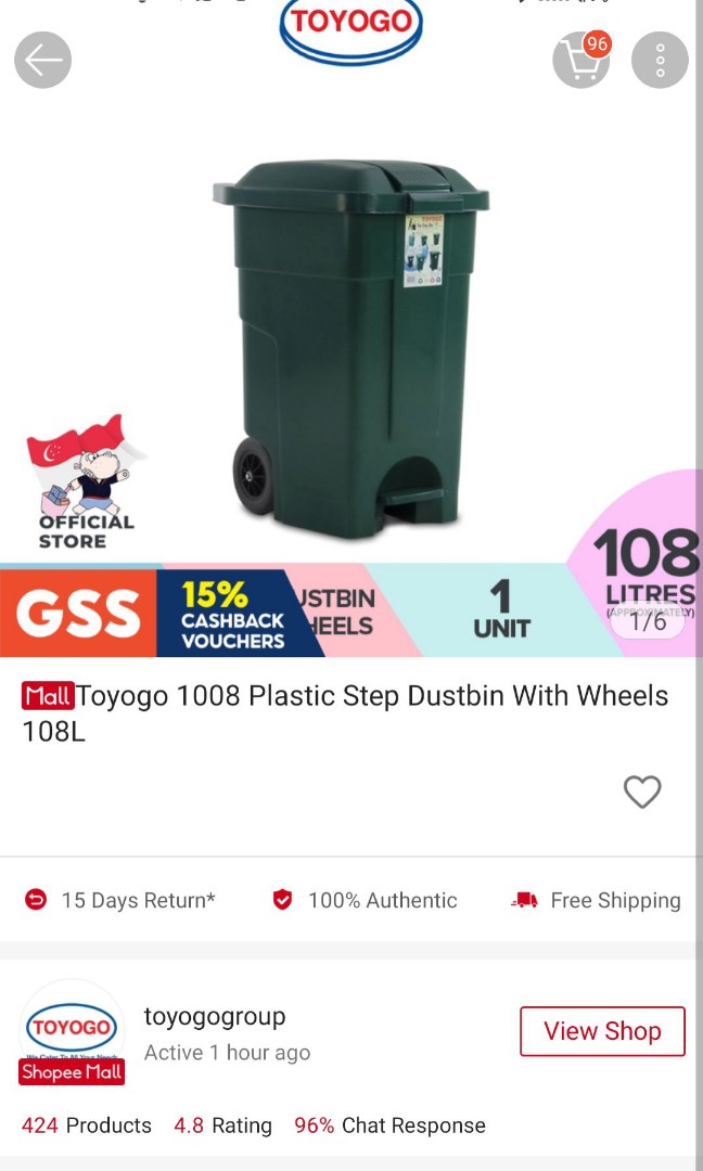 Toyogo 1008 Step Dustbin with Wheels (108L), Furniture & Home Living ...