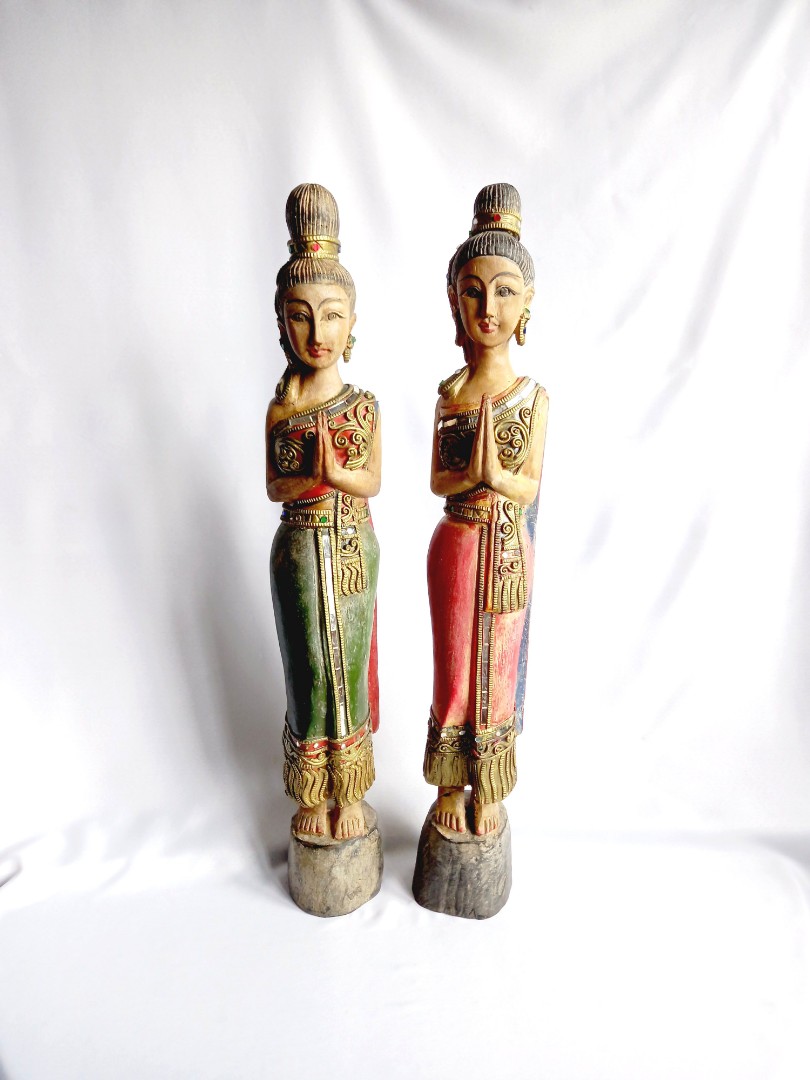 Vintage traditional Thai sawasdee ladies, 1 pair, handcarved solid wood ...