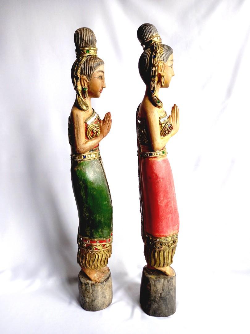 Vintage traditional Thai sawasdee ladies, 1 pair, handcarved solid wood ...