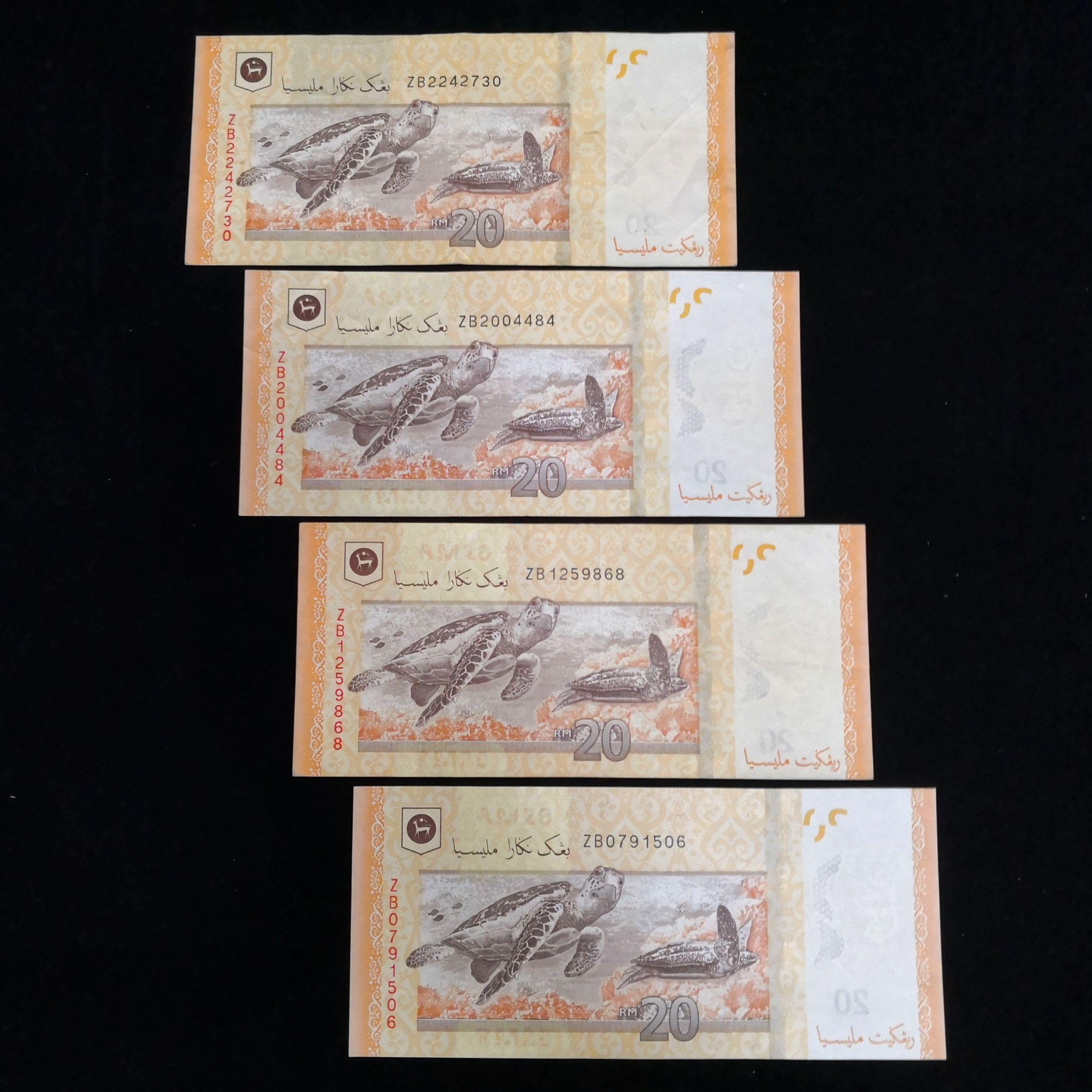 4 X Malaysia RM20 20 Ringgit 12th Series ZB Replacement Banknote Set ...