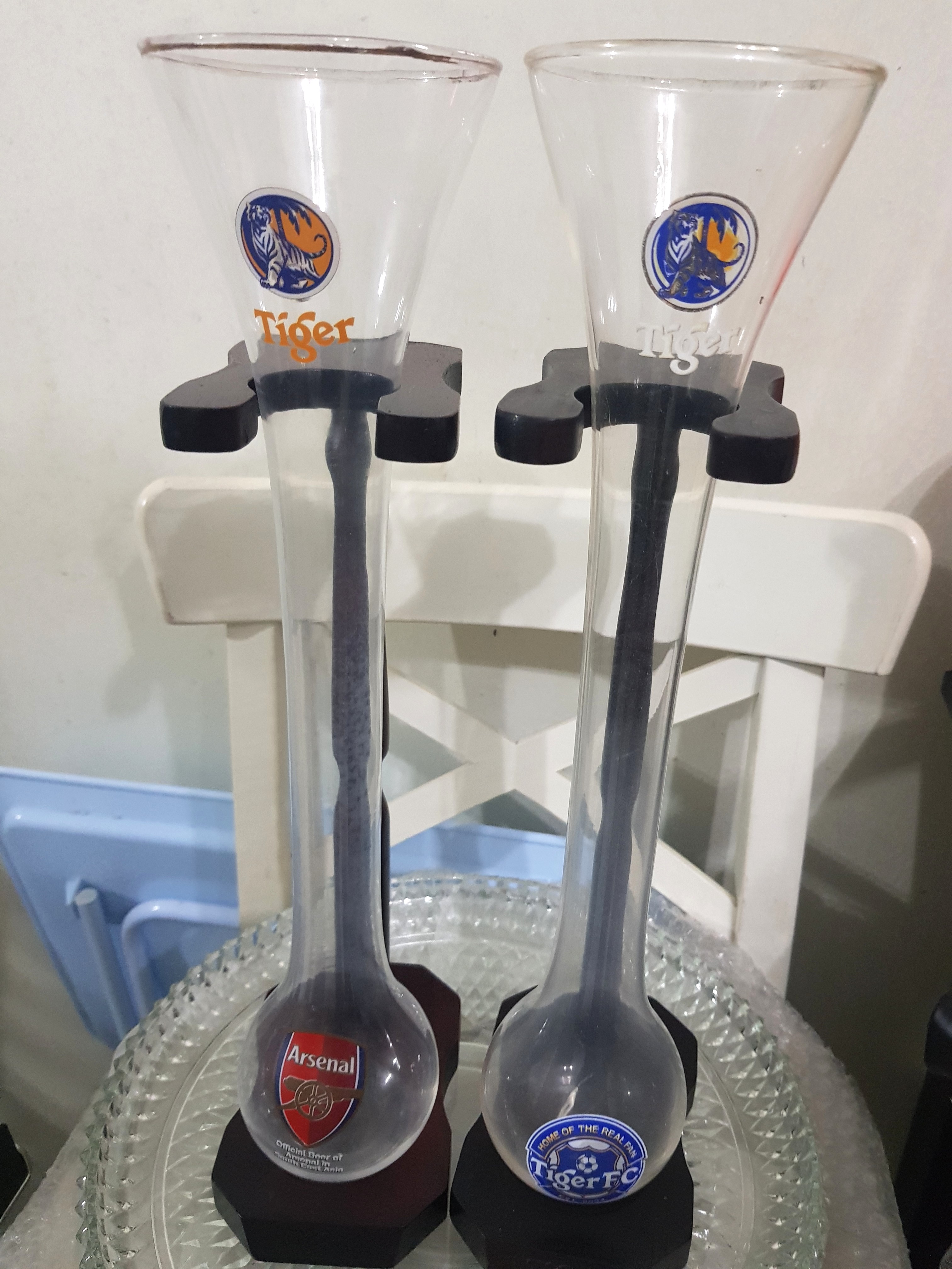 Tiger Beer Long Glass Display with Wooden Stand, Furniture & Home ...