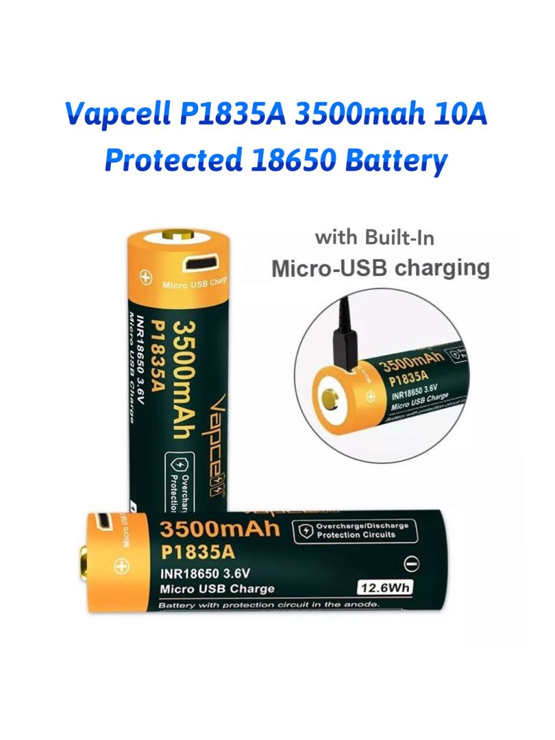 Vapcell P1835A Protected 18650 3500mah 10A 3.6V Li-ion Rechargeable Battery w Integrated ...