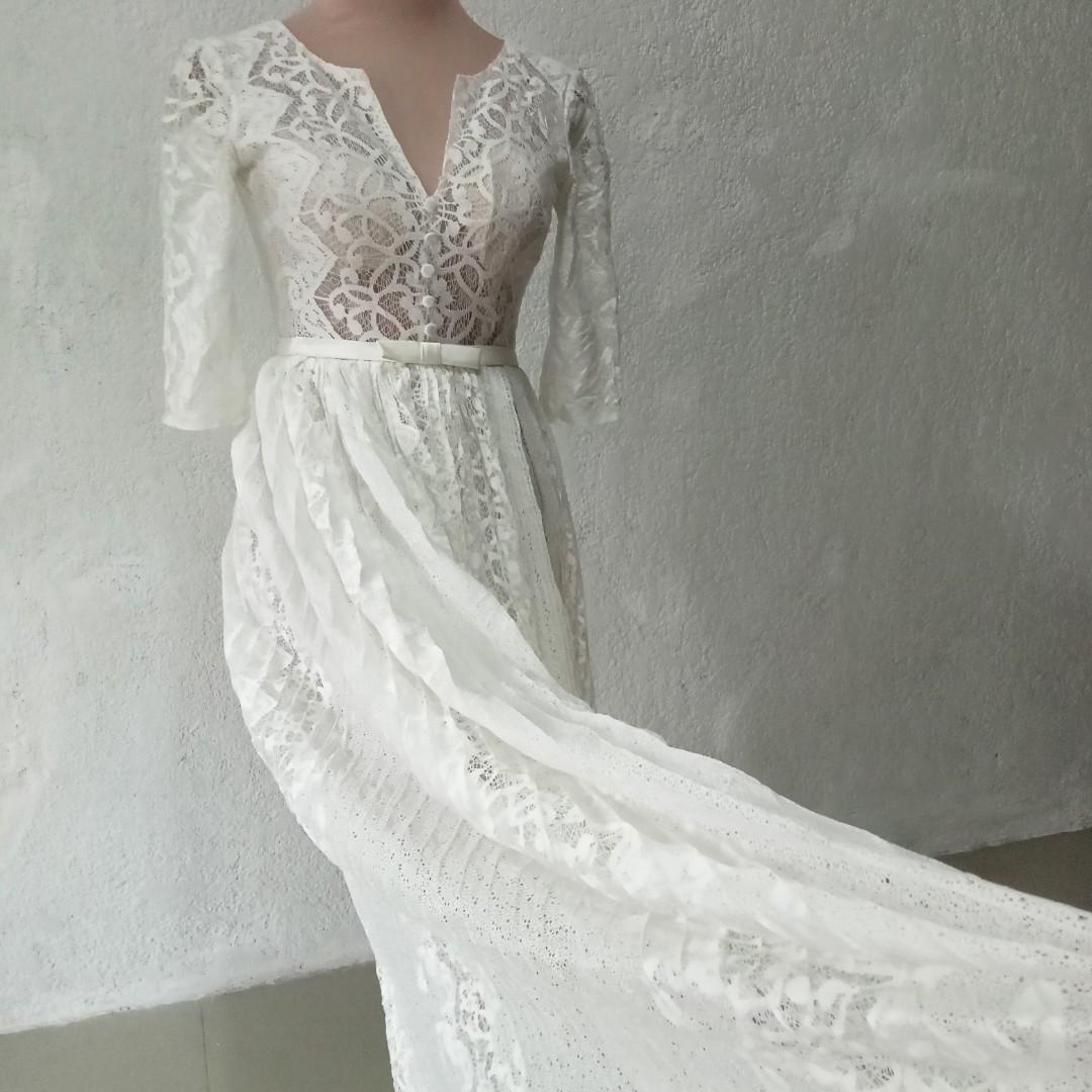White gown wedding gown prenup gown white dress maxi dress lace dress ...