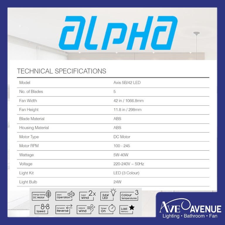 ALPHA AXIS 5 BLADES DC Motor Ceiling Fan with 3 Tone LED Light Kit and ...