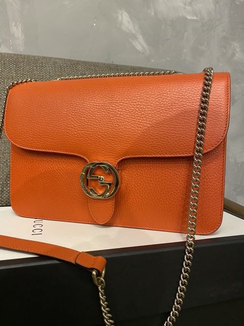 Authentic Gucci Orange Pebbled Leather Interlocking G Shoulder Bag ...