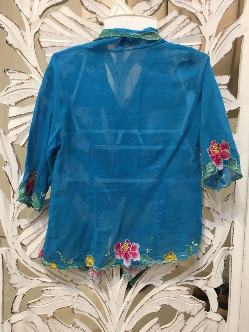 Blue kebaya with yellow and pink embroidery, Babies & Kids, Babies ...