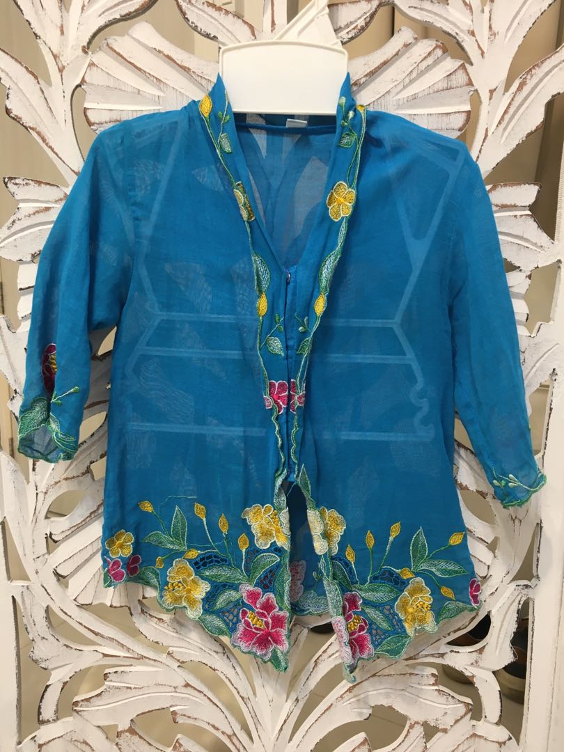 Blue kebaya with yellow and pink embroidery, Babies & Kids, Babies ...