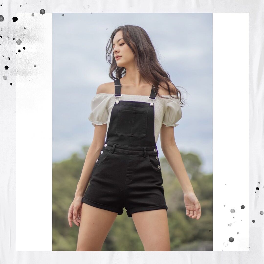 LOVET VITAMIN HAPPY POCKET DUNGAREE (BLACK), Women's Fashion, Dresses & Sets, Rompers on Carousell
