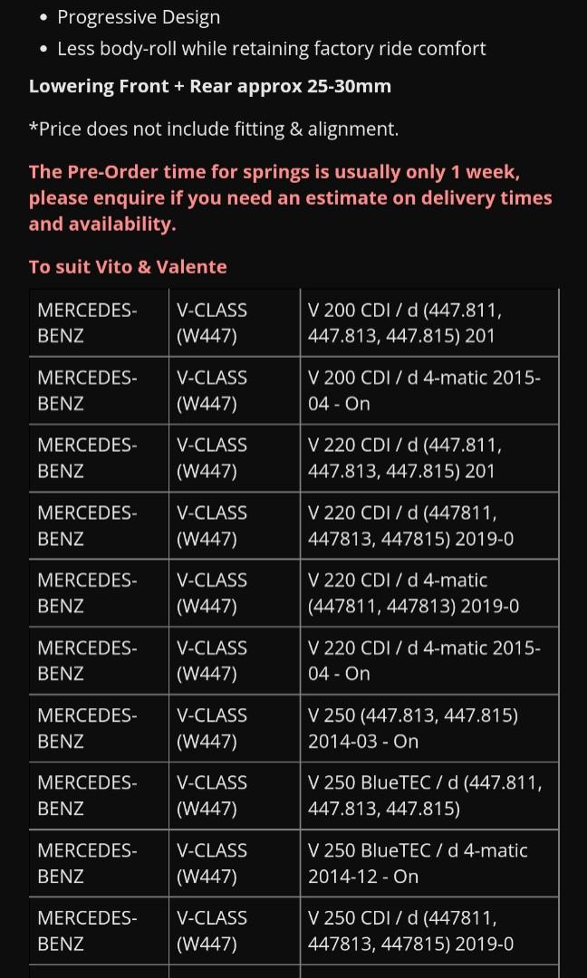 Mercedes W447 Vito V-Class EIBACH PRO-KIT LOWERING SPRINGS, Car ...