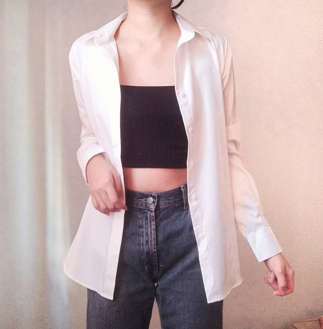 Plain White Button Down Longsleeves Top, Women's Fashion, Tops ...