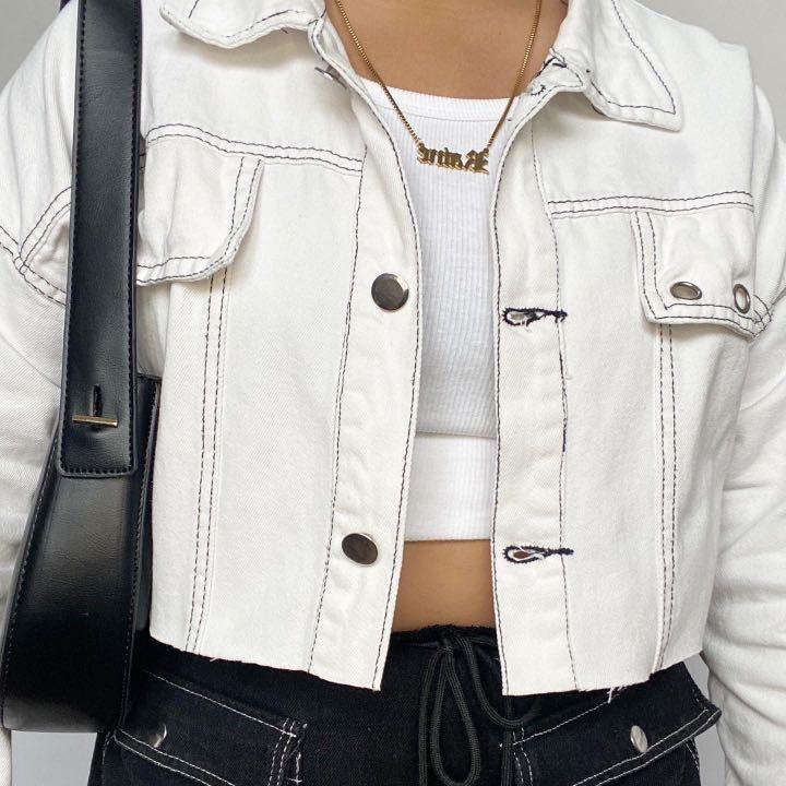 white contrast stitch denim jacket, Women's Fashion, Coats, Jackets and ...