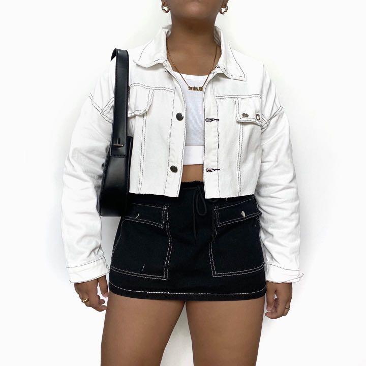 white contrast stitch denim jacket, Women's Fashion, Coats, Jackets and ...