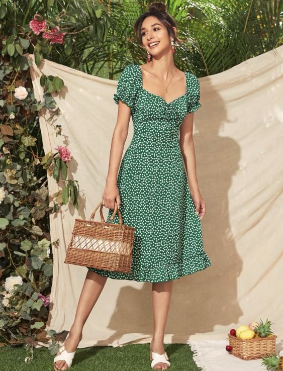 Shein Ditsy Floral Milkmaid Puff Sleeve Midi Dress In Green, Women's