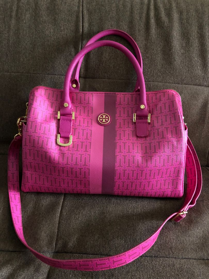 Tory Burch Pink Signature Coated Canvas Boston Bag, Luxury, Bags ...