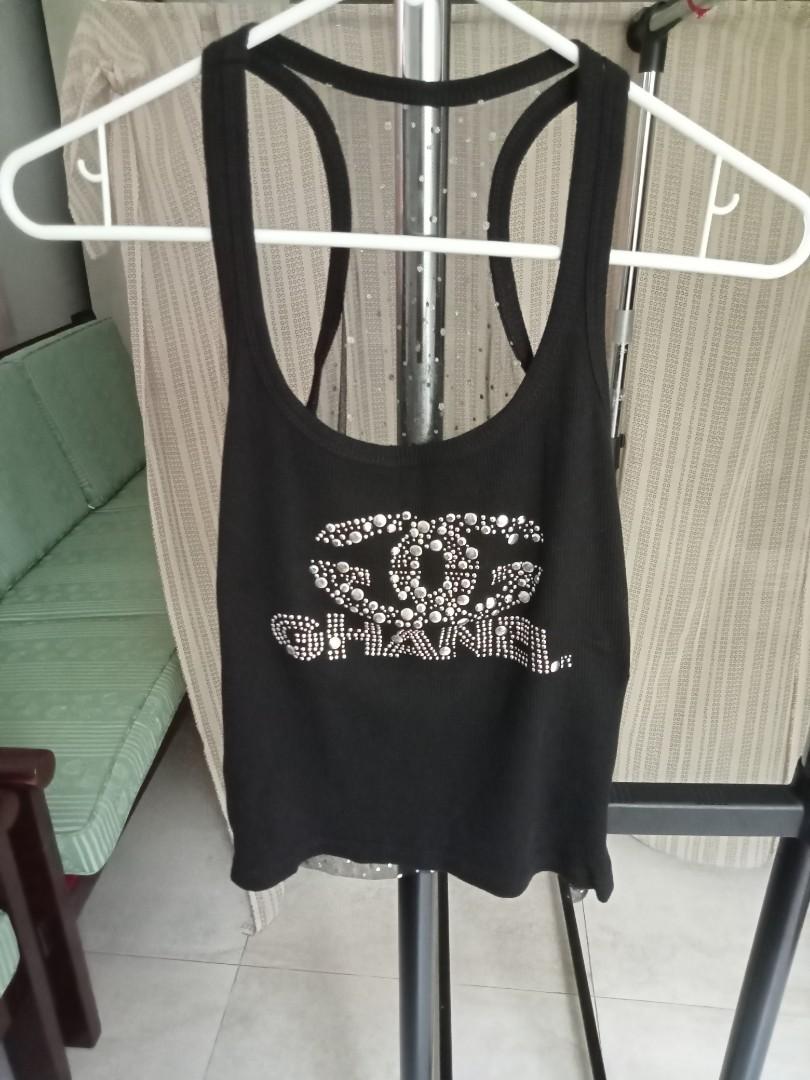 BLACK SANDO WITH DESIGN, Women's Fashion, Tops, Sleeveless on Carousell