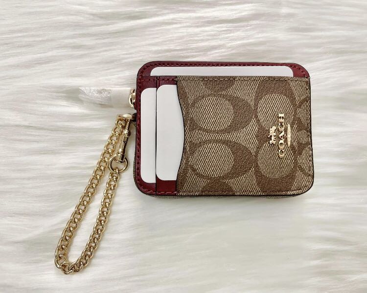 Original Coach Zip Card Case with chain in Khaki Cherry, Luxury, Bags ...