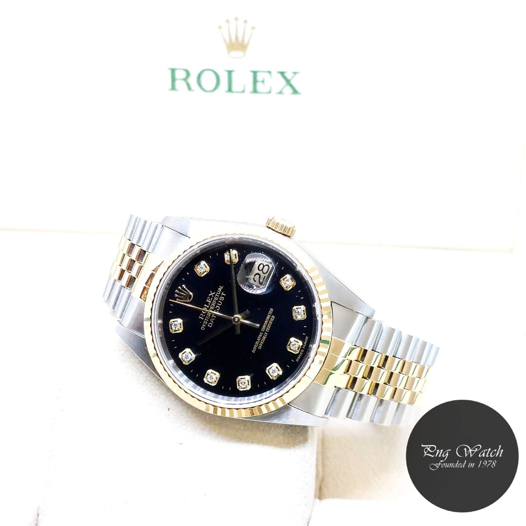 (NOT AVAILABLE) Rolex 36mm Oyster Perpetual 18K Half Yellow Gold Black Diamonds Dial Datejust ...