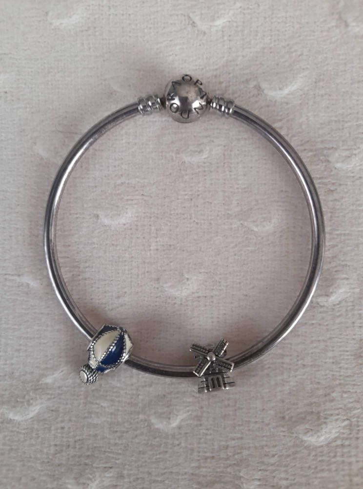 Authentic Pandora bangle with 2 charms (windmill and hot air balloon ...