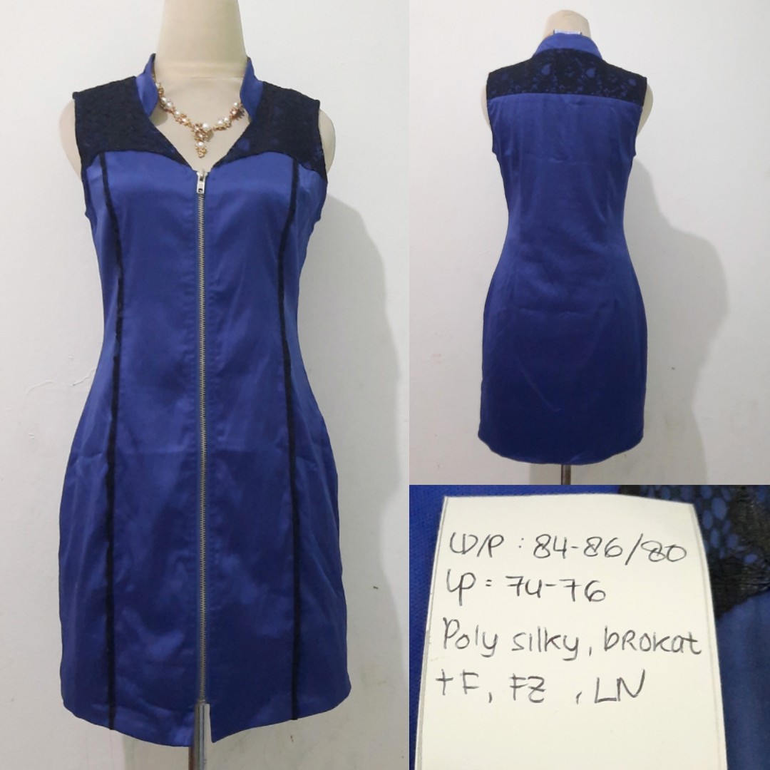 Blue Brokat Front Zip Mini Dress/Thrift Dress Kasual Biru Resleting ...