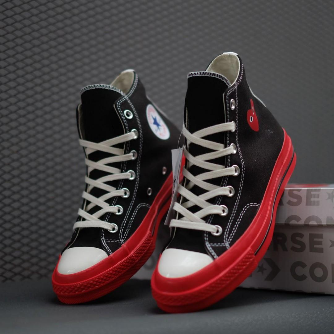 Converse X CDG Play Red Sole One Heart High Black, Fesyen Wanita ...