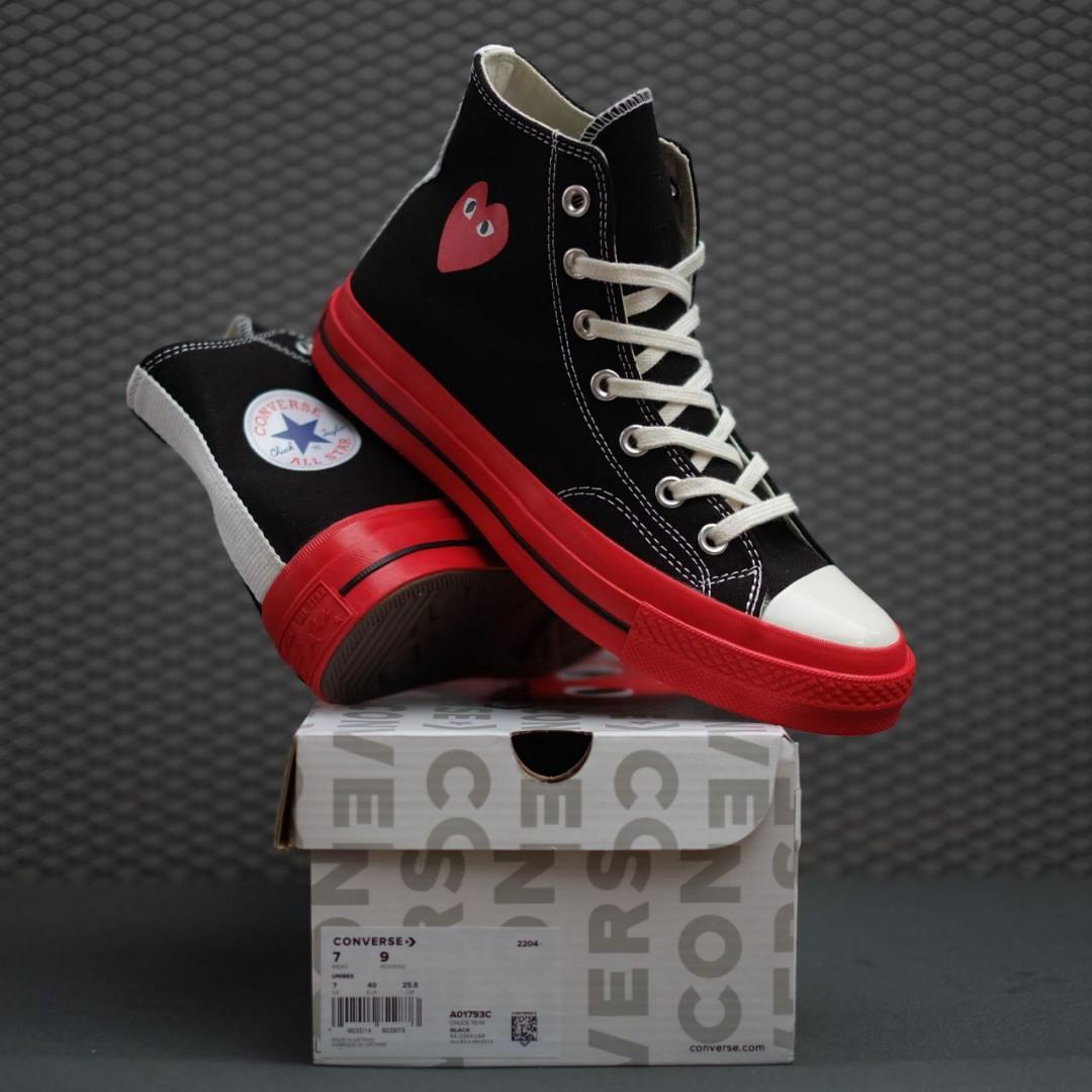 Converse X CDG Play Red Sole One Heart High Black, Fesyen Wanita ...