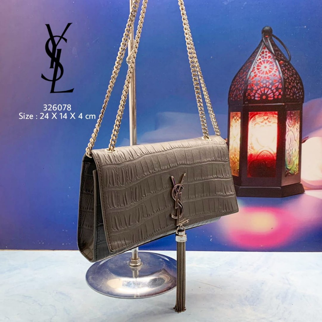 Tas YSL 326078 Grey Kate Monogram Crocodile Leather Silver Shoulder ...