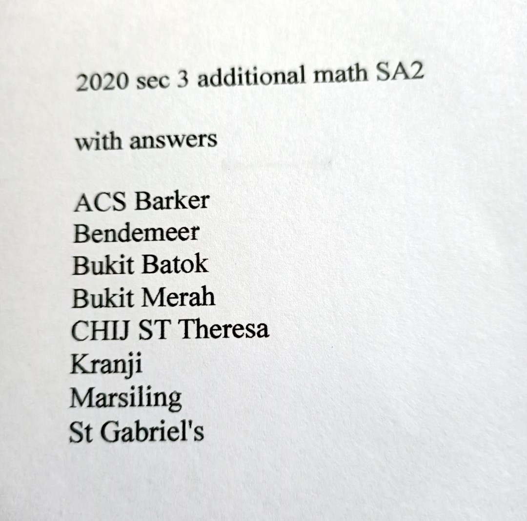 2020 sec 3 additional math SA2 exam papers, Everything Else on Carousell