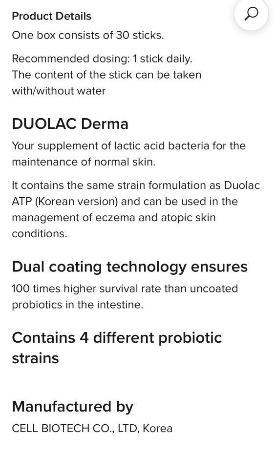 Duolac Derma (Probiotic for Skin/eczema), Health & Nutrition, Health ...