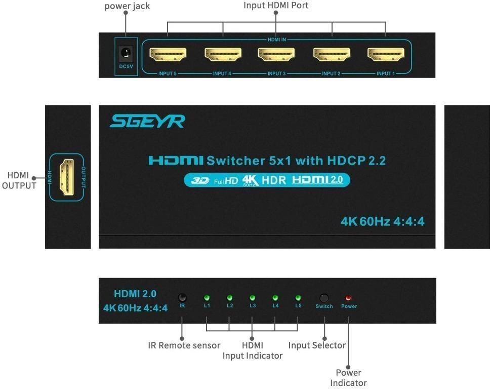 SGEYR 4K@60Hz 5x1 HDMI Switch HDMI Selector Switch 5 Port HDR IR Remote 4K HDMI Selector Box 5 ...
