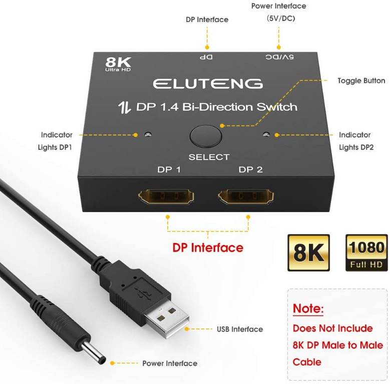 (W4) ELUTENG Displayport Switch 8K, Bidirectional DP 1.4 Switch 8K ...
