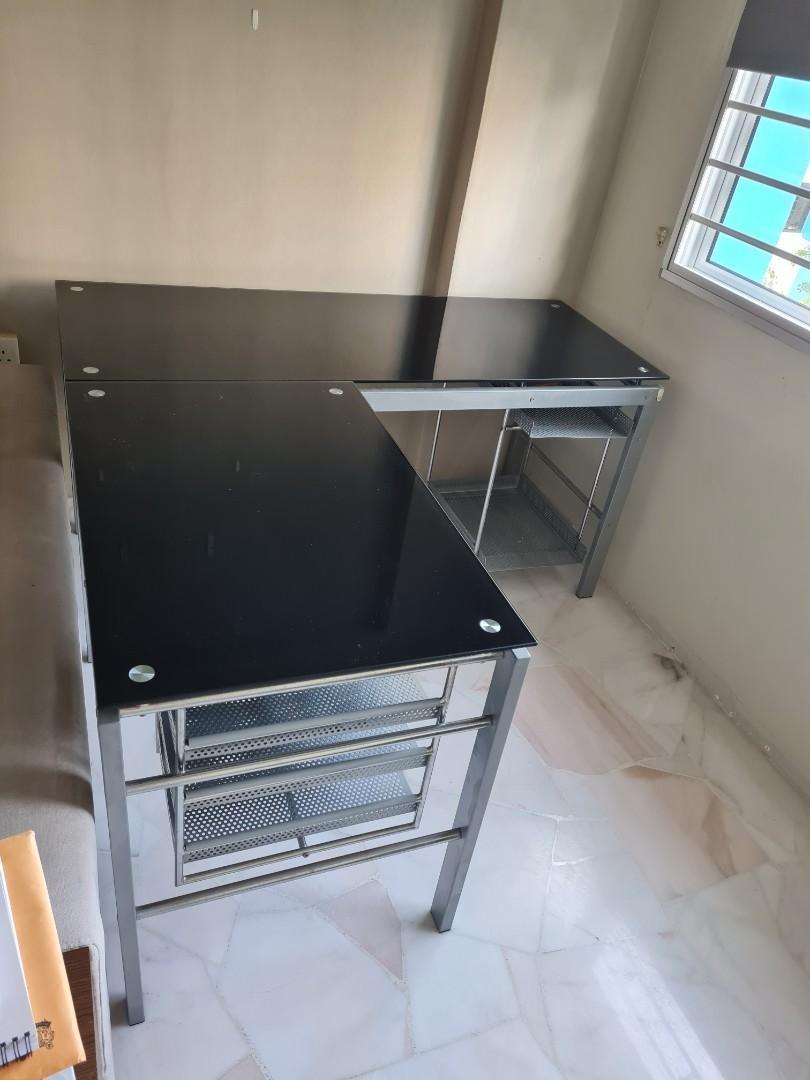 L shape Black tempered class table, Furniture & Home Living, Furniture ...