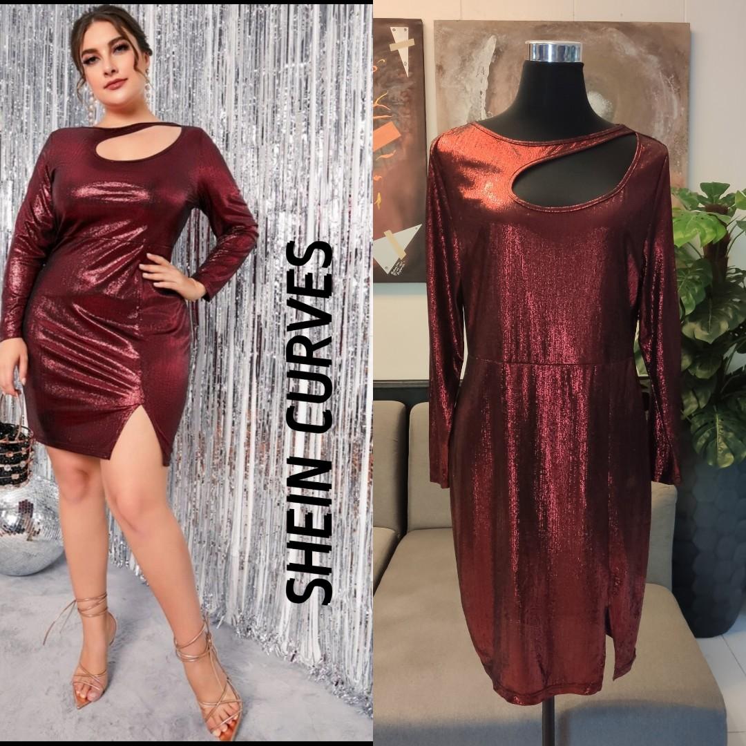 PLUS SIZE SHEIN CURVES Plus Cut Out Metallic Slit Hem Bodycon Dress ...