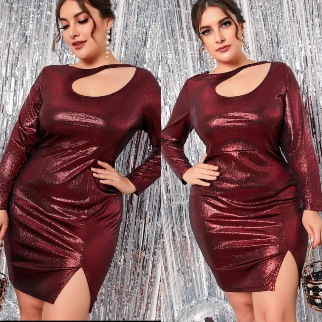 PLUS SIZE SHEIN CURVES Plus Cut Out Metallic Slit Hem Bodycon Dress ...