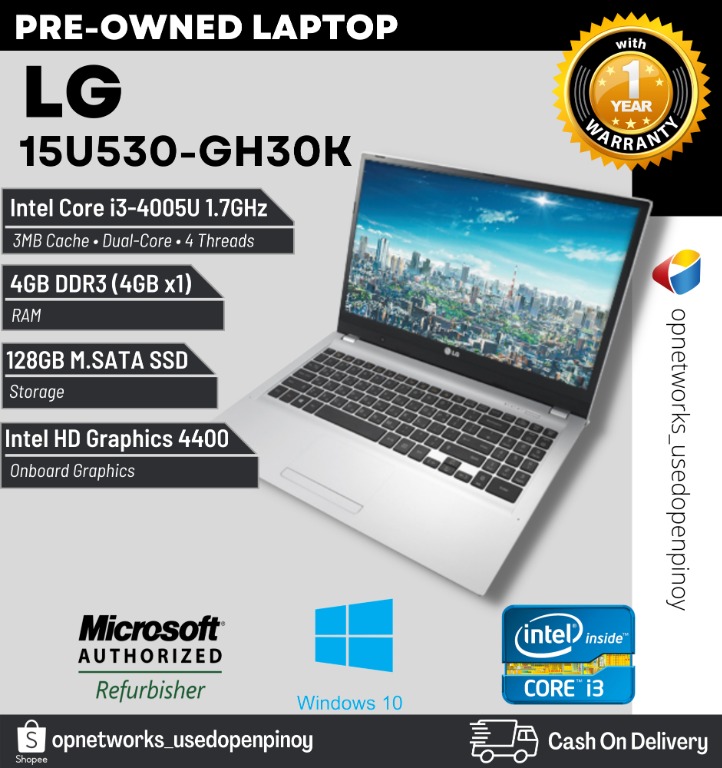 Preowned LG 15U530-GH30K Intel Core i3-4005u 1.7GHz Laptop with Windows 10 Home 64BIT MAR OS ...