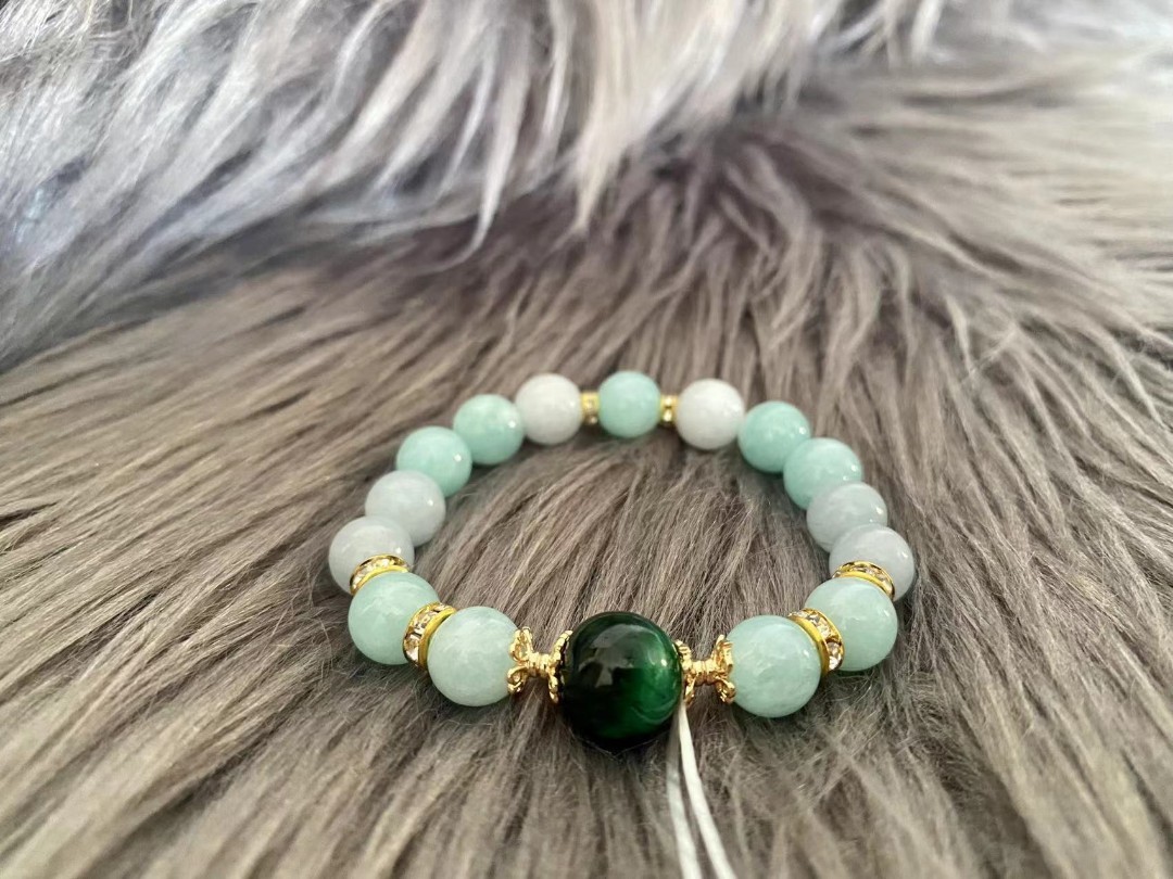 Aquamarine + Cyan Angelites + Tiger Eye Bracelet, Women's Fashion ...
