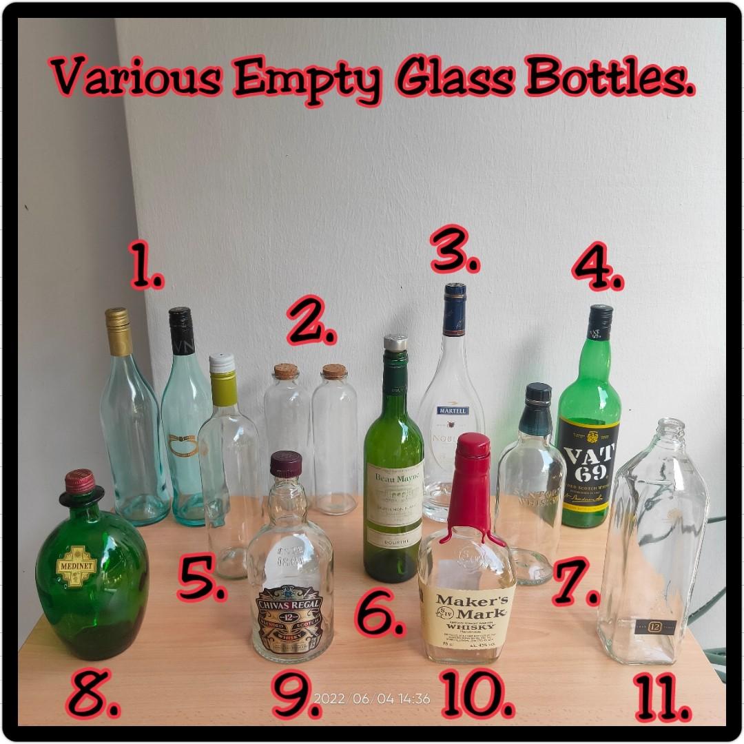 Various Empty Glass Bottles (Brown Brothers, Martell Noblige, Vat 69 ...