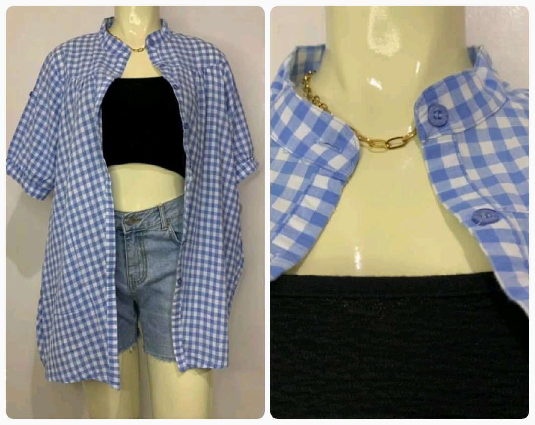Checkered light blue, Women's Fashion, Tops, Blouses on Carousell