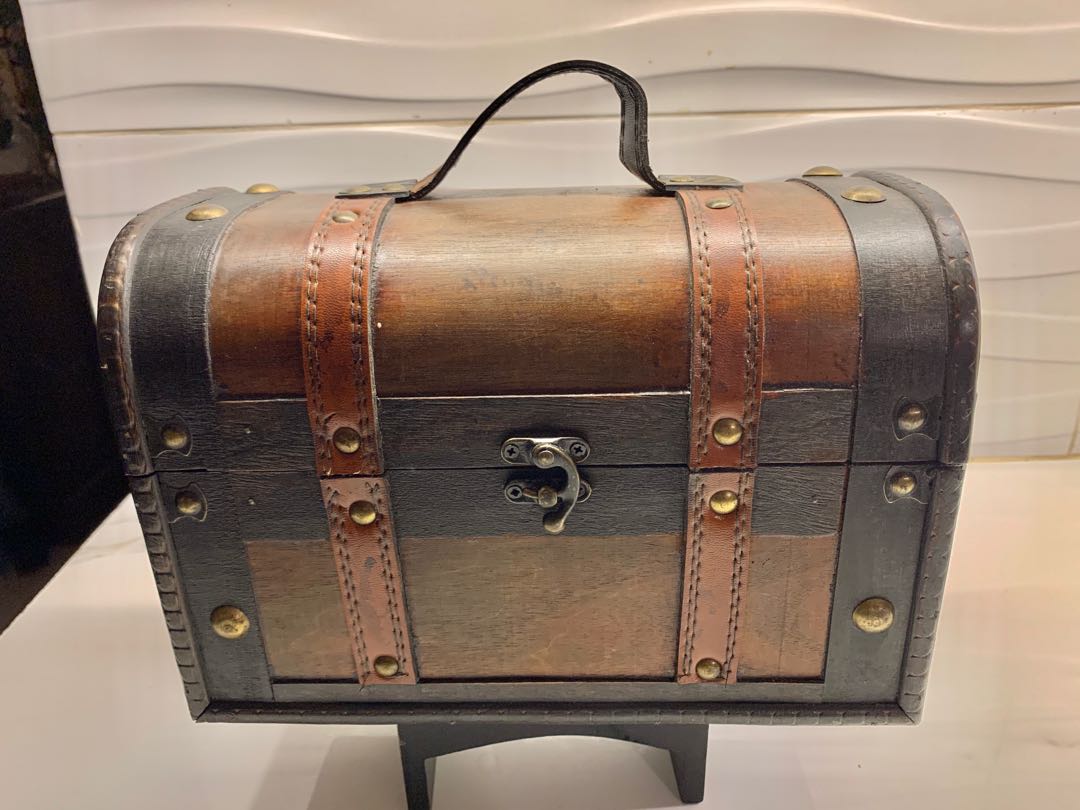 DECORATIVE WOOD LEATHER TREASURE BOX, Furniture & Home Living, Home ...