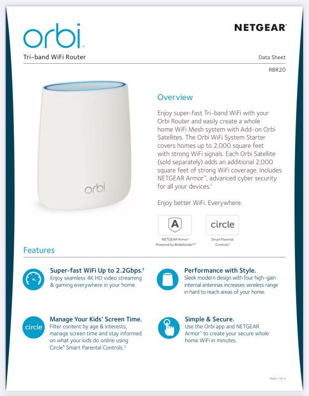 Netgear Orbi router RBR20 ONLY, 電腦＆科技, 電腦周邊及配件, Wifi及上網相關產品 - Carousell