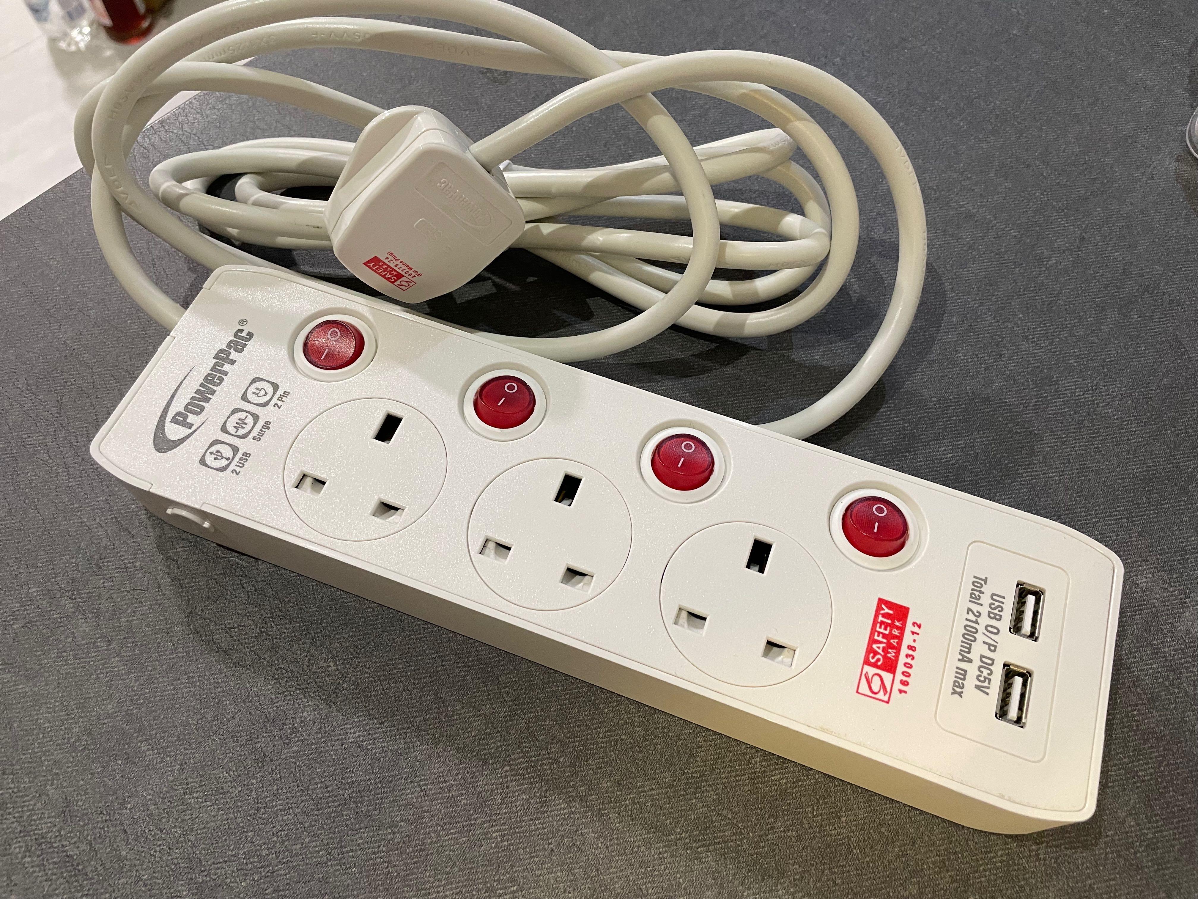 PowerPac 3 Metre 3 Way Extension Cord with 2 USB Outlets, TV & Home ...