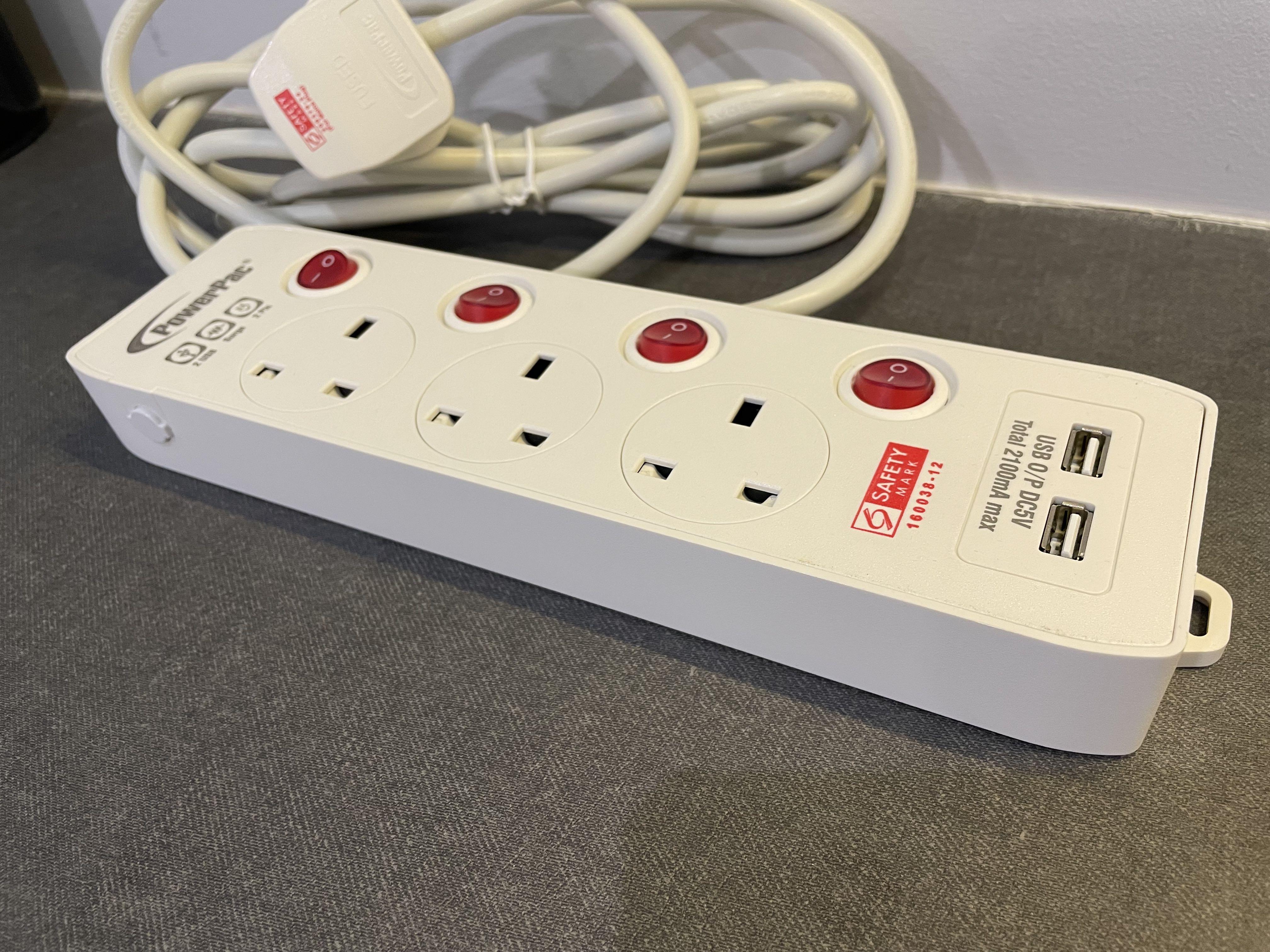 PowerPac 3 Metre 3 Way Extension Cord with 2 USB Outlets, TV & Home ...