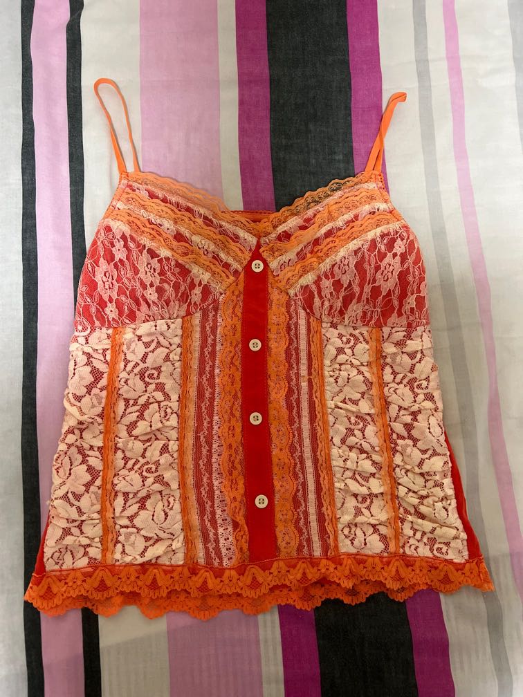 Vintage Orange Lace Cottagecore Cami, Women's Fashion, Tops, Sleeveless ...