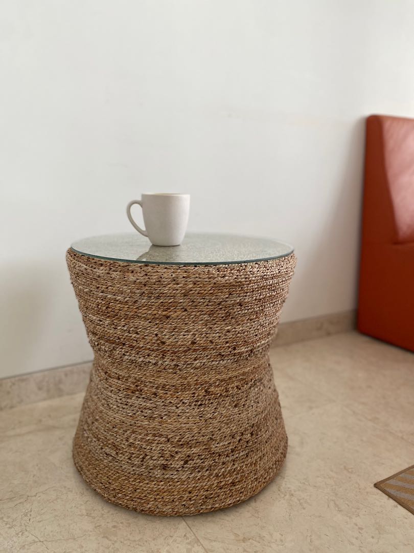 Small rattan table with glass top, Furniture & Home Living, Furniture ...