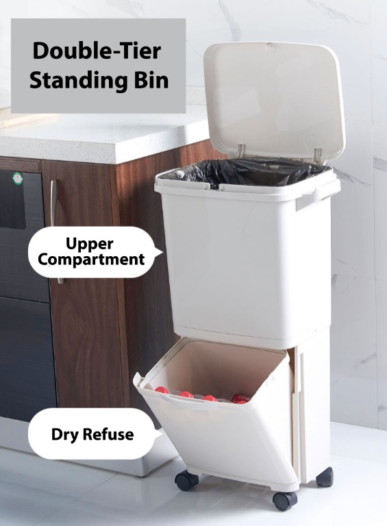 Dual-Tier Standing Waste Bin 360 Degrees Rotating Wheels 38L Large ...
