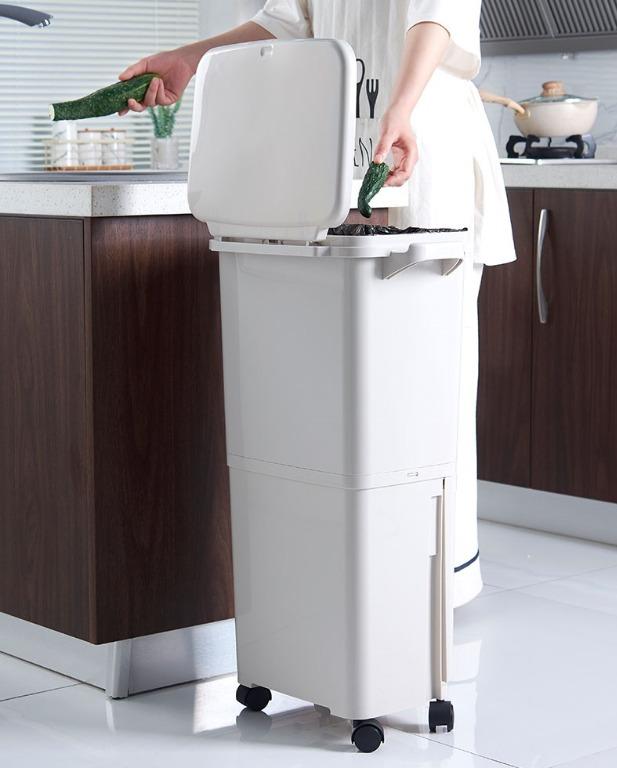 Dual-Tier Standing Waste Bin 360 Degrees Rotating Wheels 38L Large ...