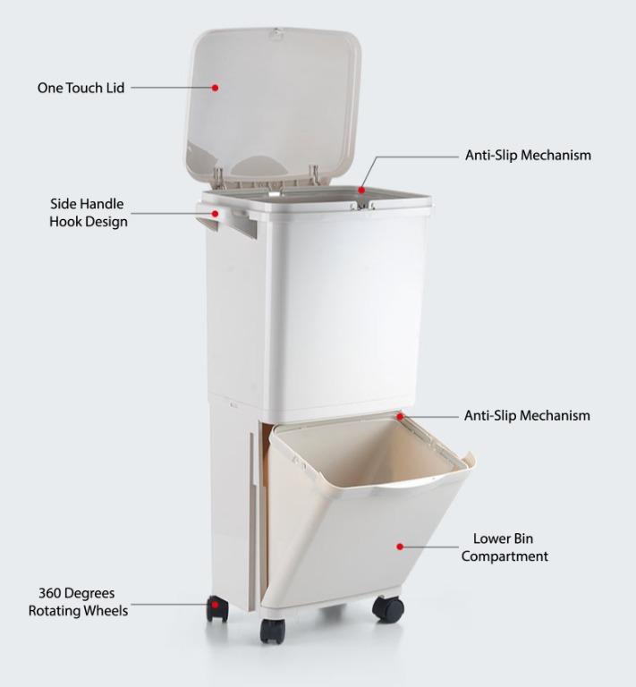 Dual-Tier Standing Waste Bin 360 Degrees Rotating Wheels 38L Large ...