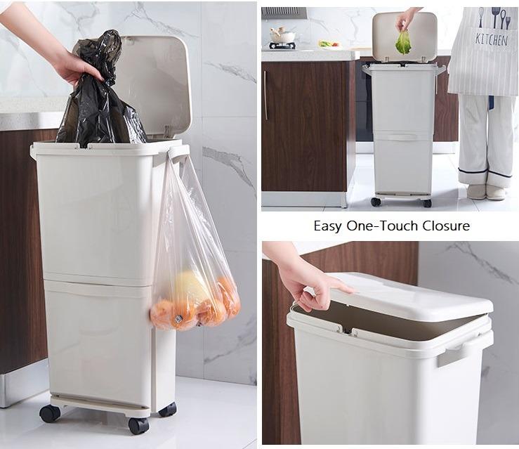 Dual-Tier Standing Waste Bin 360 Degrees Rotating Wheels 38L Large ...