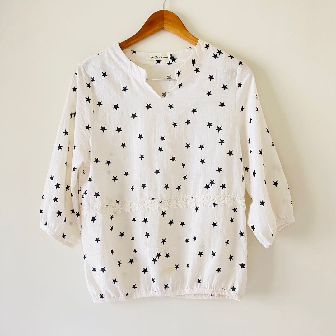 Linen Cream Starry Top, Women's Fashion, Tops, Blouses on Carousell