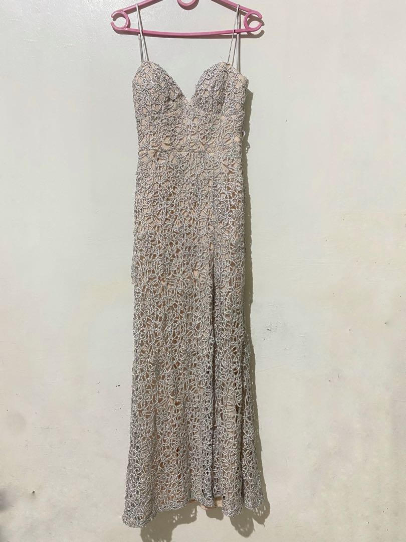 Silver body hugging long gown, Women's Fashion, Dresses & Sets, Evening ...