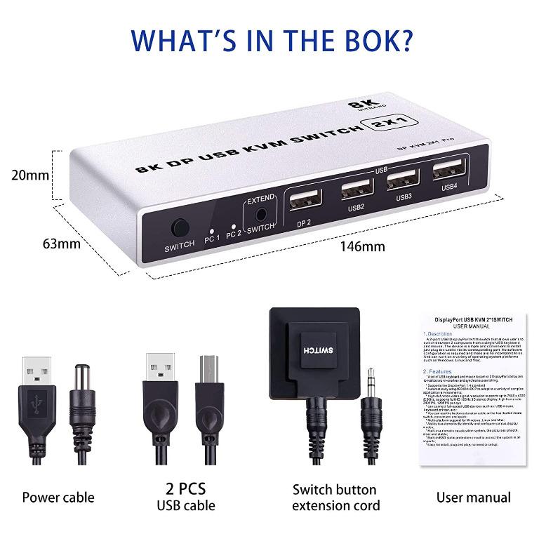 A4 Tendak 2x1 DisplayPort KVM Switch, USB 2 Port PC Computer KVM Switch Keyboard Mouse DP Switch ...